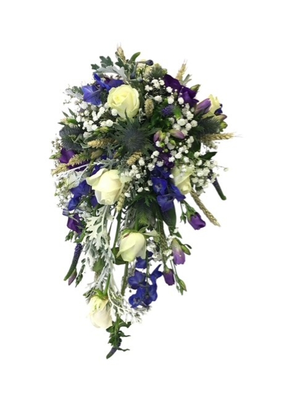 Cream Roses, Blue & Corn Bouquet – buy online or call 07720 874464